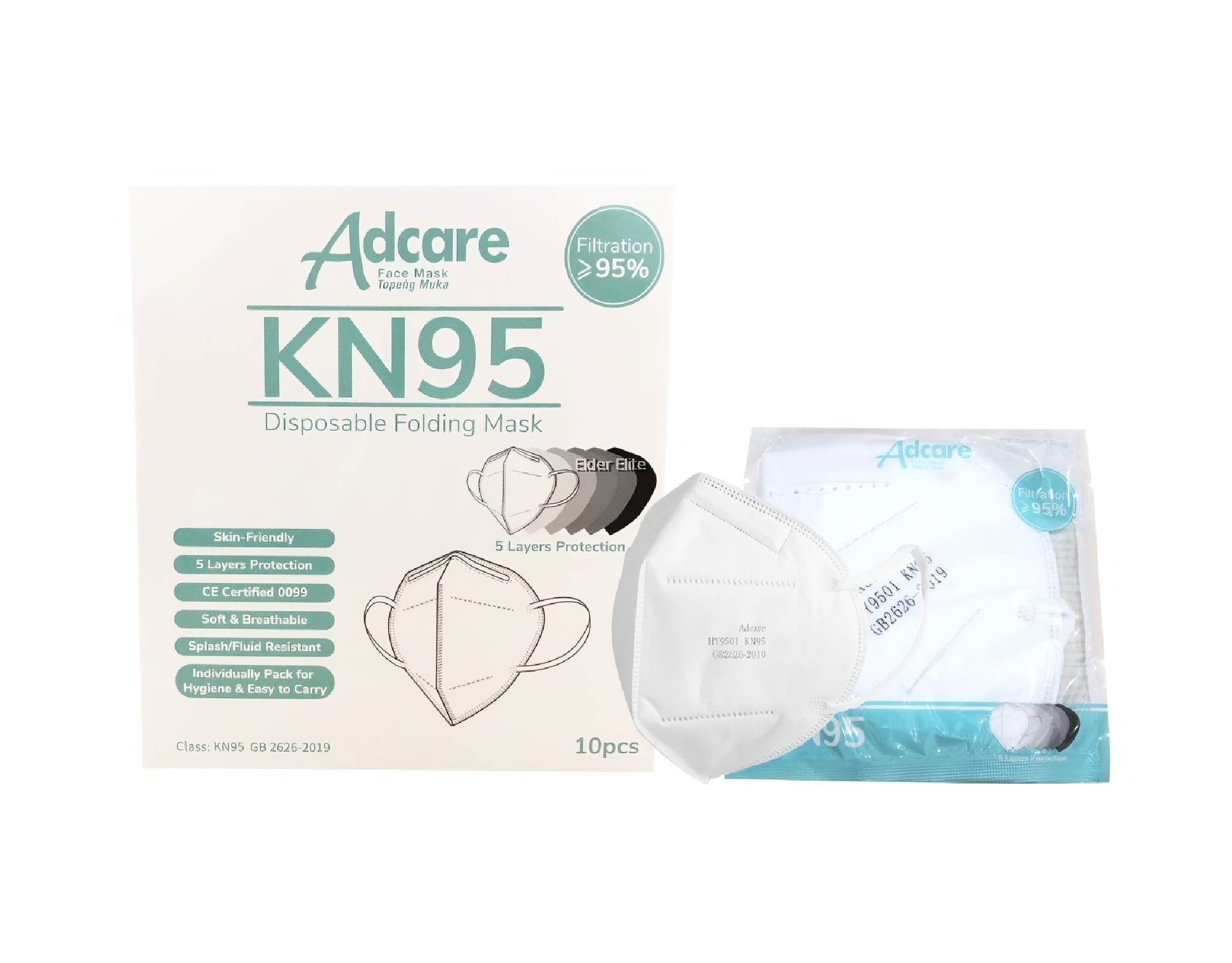 Adcare KN95 Disposable Folding Face Mask 5-Ply | myaeon2go