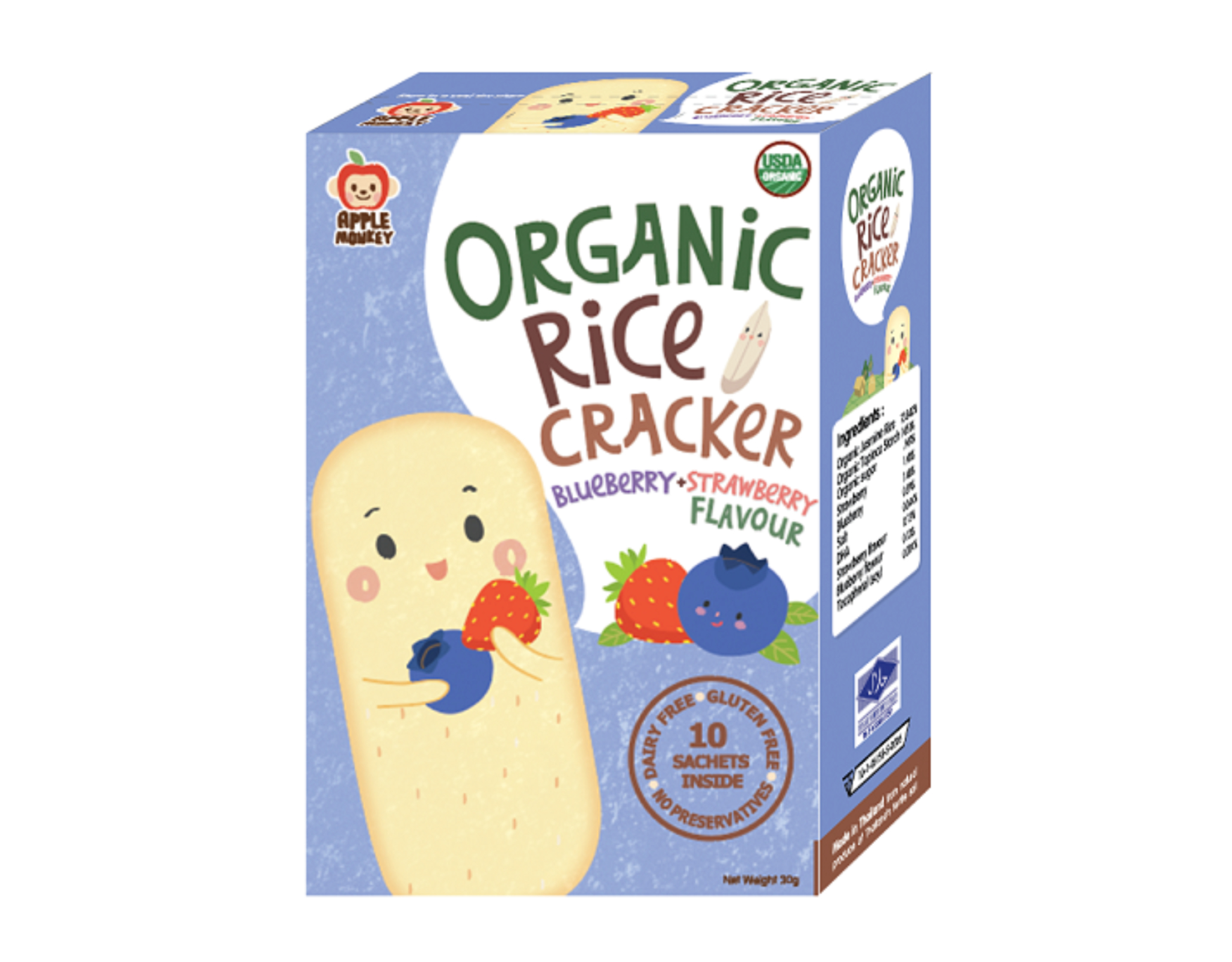 Apple Monkey Rice Cracker, Blueberry Strawberry, 30g - Healthy Snack