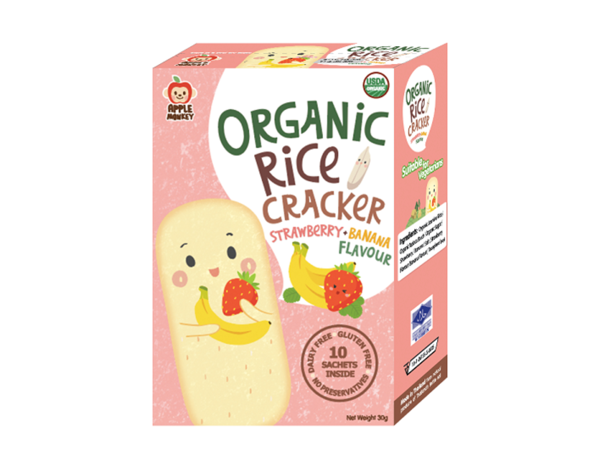 Apple Monkey Organic Rice Cracker, Strawberry Banana - Healthy Snack