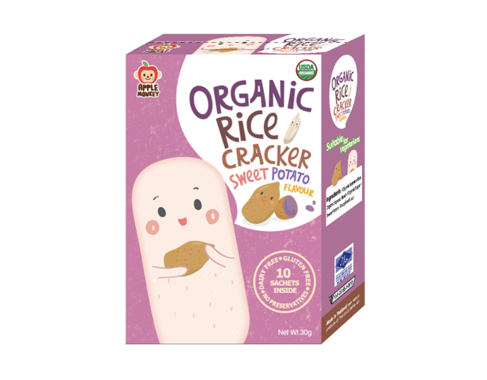 Apple Monkey Organic Rice Cracker, Sweet Potato - Healthy Snack