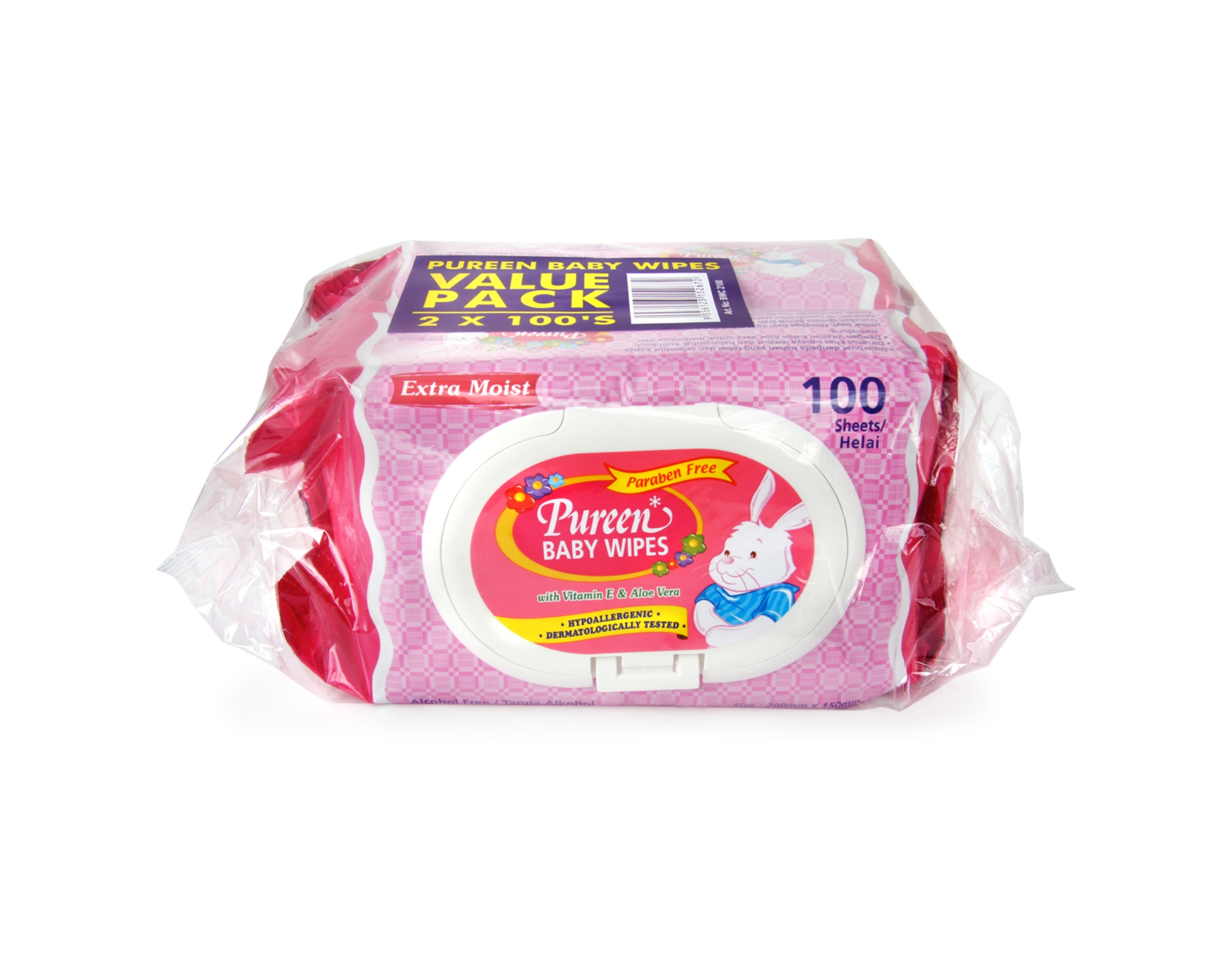Pureen Baby Wipes (Pink), 2 x 100 Pcs - Extra Moist
